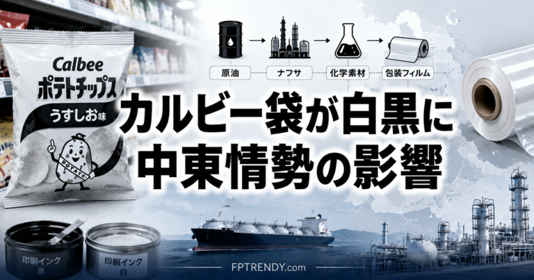 カルビーの袋が白黒に 中東情勢が食品パッケージに及ぼす影響